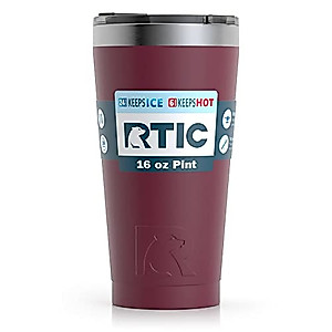 RTIC Pint 16 oz Insulated Tumbler Stainless Steel Metal Coffee, Frozen Cocktail, Drink, Tea Travel Cup with Lid, Spill Proof, Hot and Cold, Portable Thermal Mug for Car, Camping, Maroon