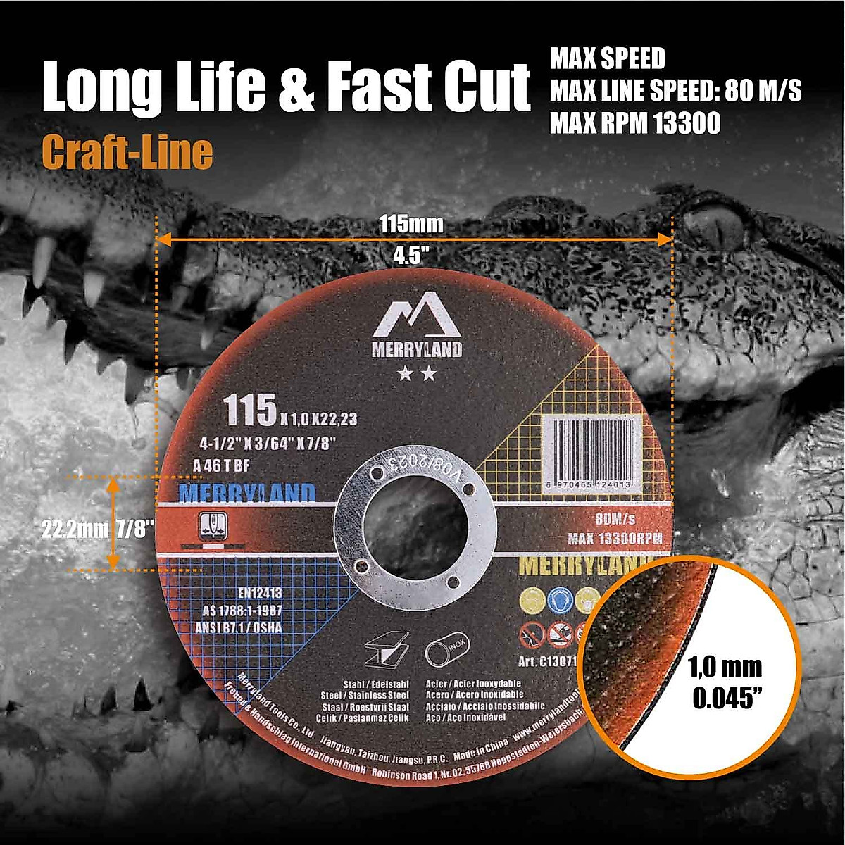 Merryland Cut Off Wheel 4 1/2 inch for Angle Grinder, Metal Cutting Wheel 4.5 X .045 X 7/8 Ultra Thin 50 Pack, Iron Stainless Steel Cutting Disc, Craft-Line C13071042