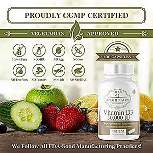 Vitamin D3 50,000 IU units for Bones Teeth Muscles and Immune System - High Potency Dose Vit D Vegetarian Approved Health Supplement - Pharmacist created and approved - 100 count