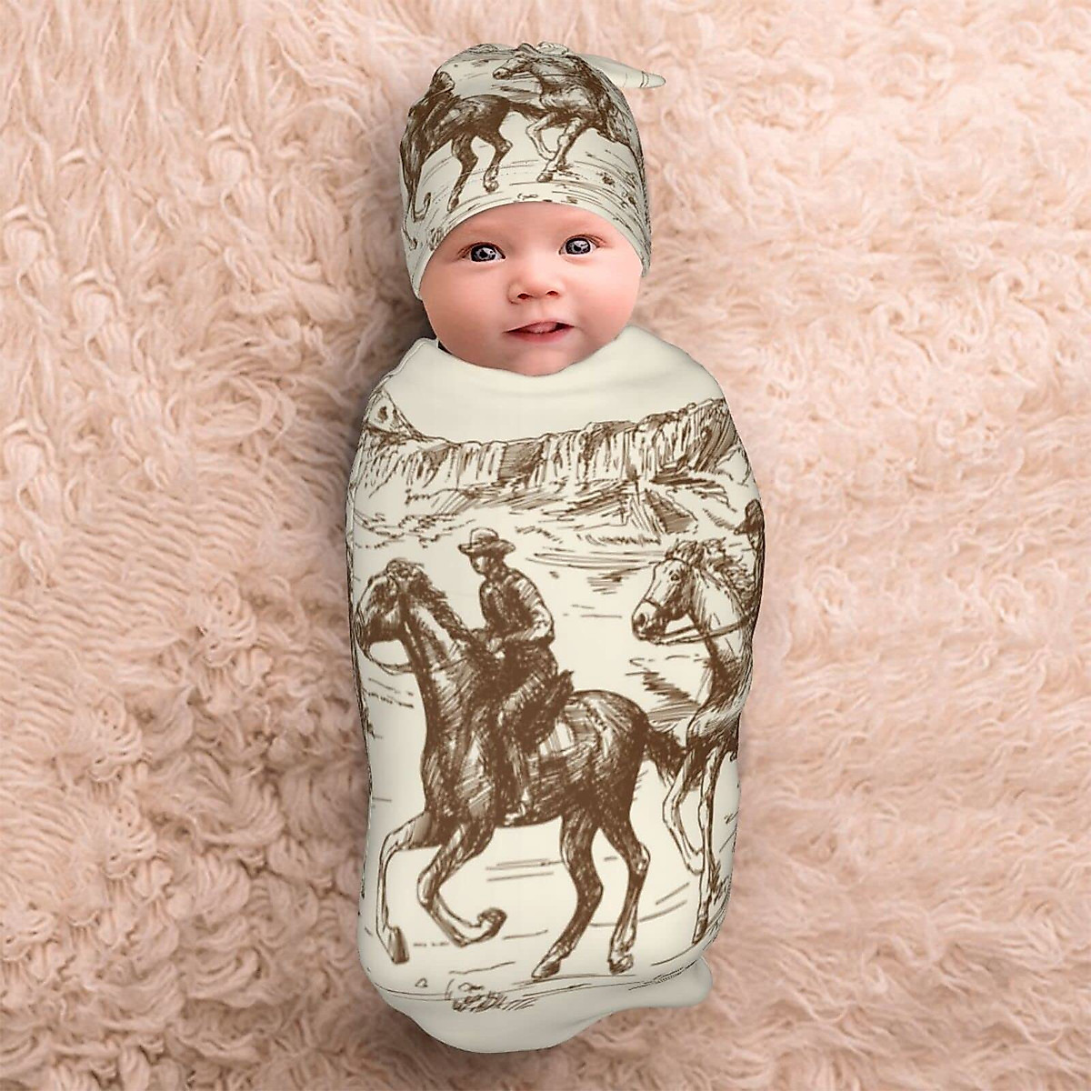 Qwalnely Swaddling Blanket for Baby, Sleeping Sacks, Unisex Baby Stuff with Hat, Western