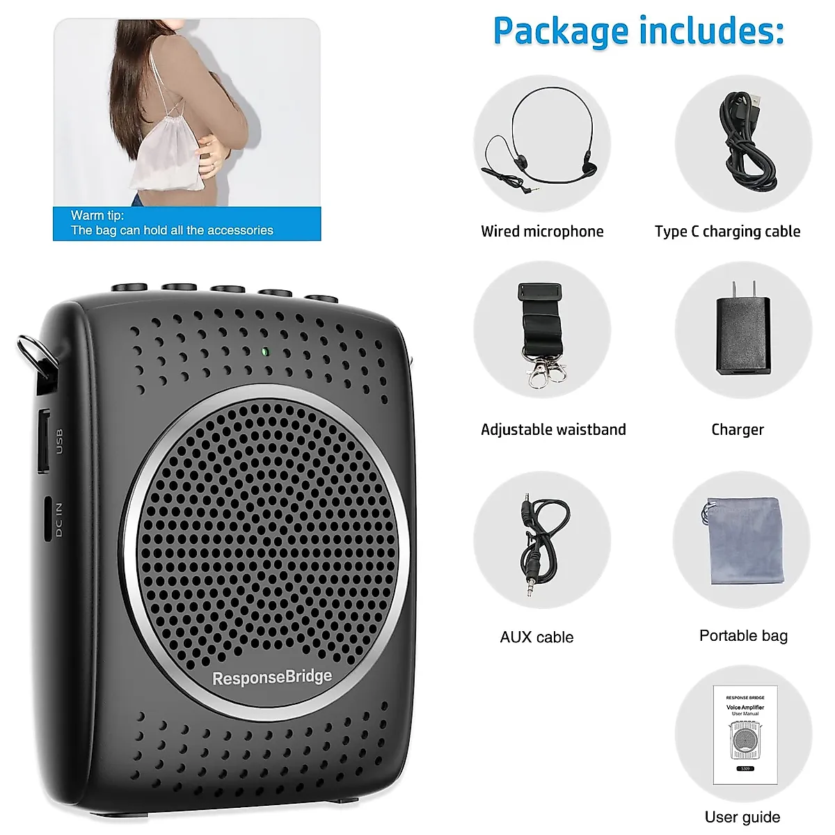 Voice Amplifier for Teachers Personal Wired Microphone Headset - Loudly Rechargeable Portable Microphone with Speaker, 2000mAh Small Pa System with Headset Microphone Classroom ect S309