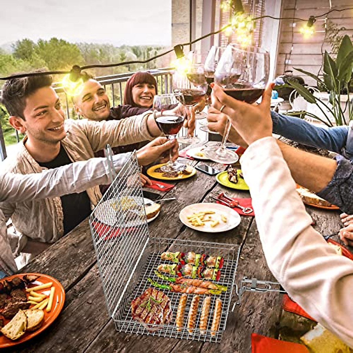 CEBERVICE Grill Basket Extra Large, SUS304 Food Safe Stainless Steel, Portable Folding BBQ Outdoor Camping Grilling Rack for Fish, Vegetables, Shrimp, Barbeque Griller Cooking Accessories, Grilling Gifts for Men, Dad, Father, Husband