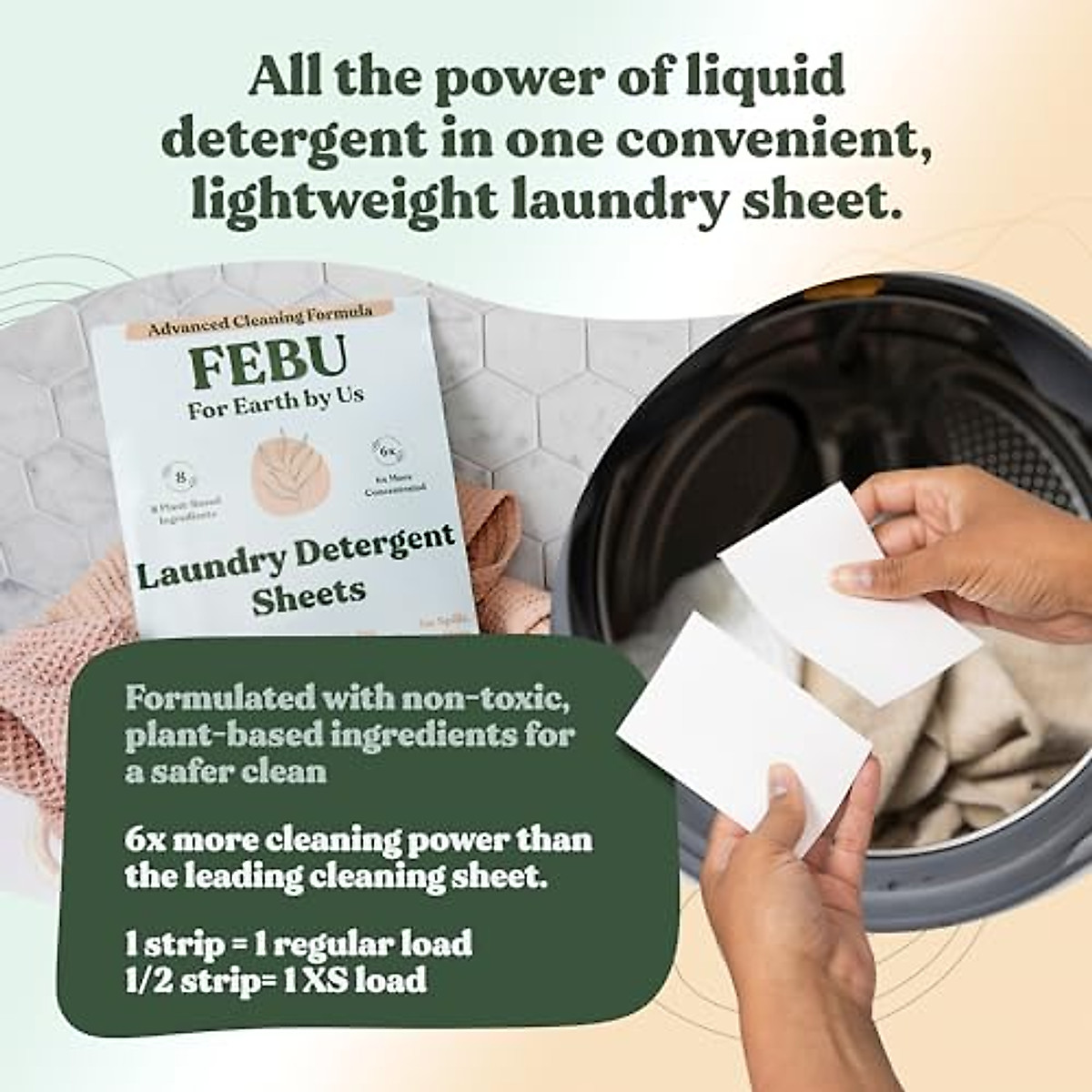FEBU Eco Friendly Laundry Detergent Sheets | 96 Loads, Fragrance Free | 6x More Cleaning Power With Only 8 Plant-Based Ingredients | Hypoallergenic Laundry Sheets | Zero Waste Laundry Soap Sheets