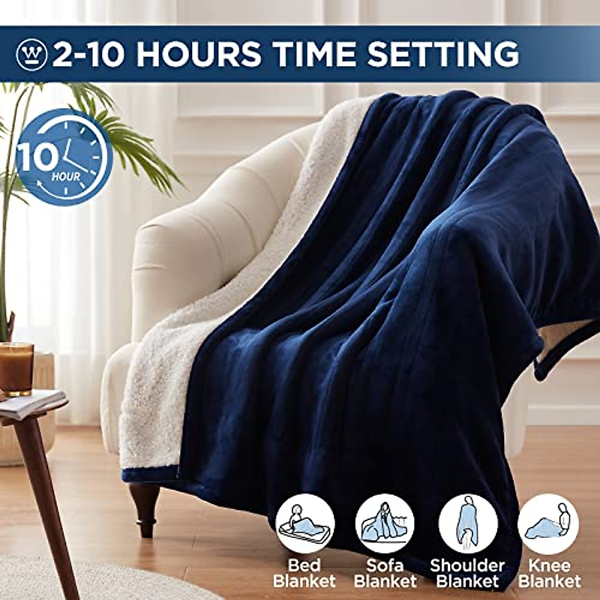 Westinghouse Electric Blanket Throw Heated Blanket with 6 Heating Levels and 2-10 Hours Time Settings, Flannel to Sherpa Super Cozy Heated Blanket Machine Washable, 50x60 inch, Navy