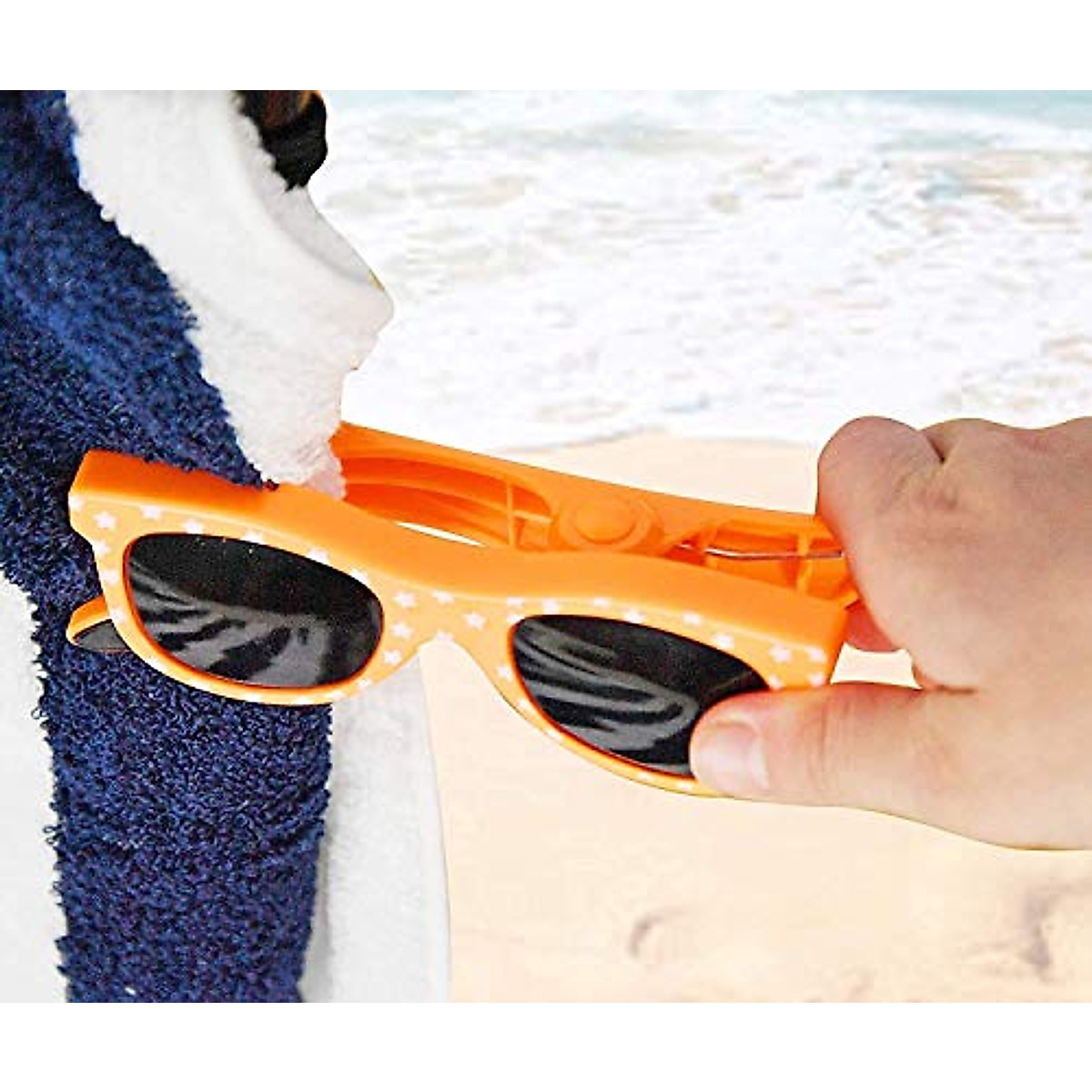 HNDtek Themed Beach Towel Clips, Pool Towel Accessory, Portable Heavy-Duty Plastic Clamps, (Set of 2) 2 Set per Order, Orange Sunglasses