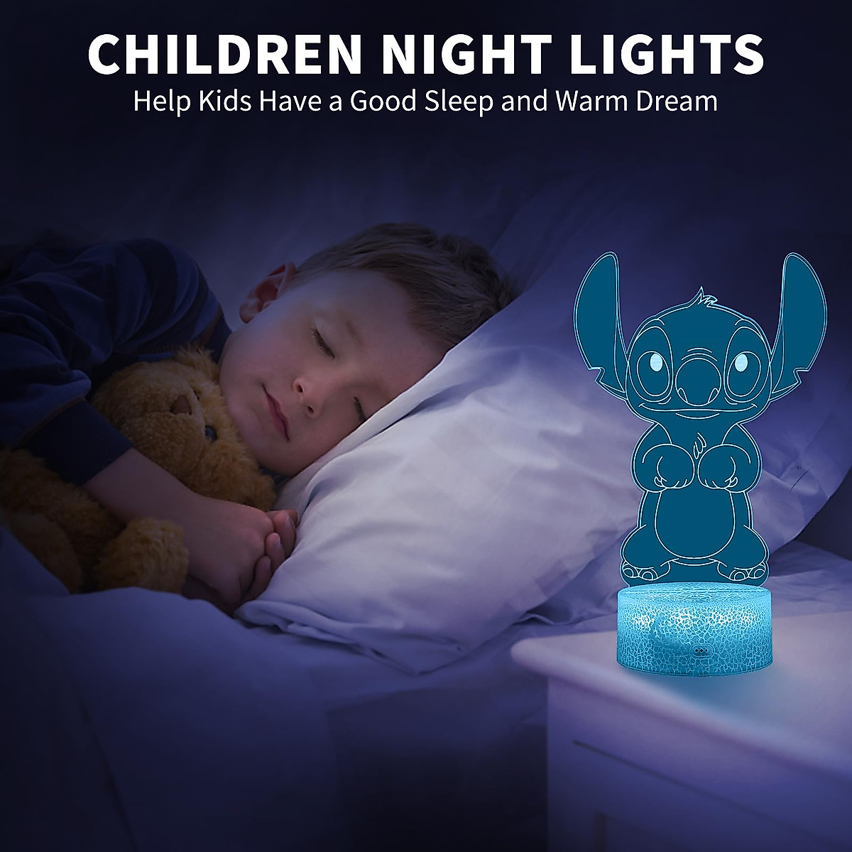 JMMFIDY Stitch Night Lights - 3D LED Intelligent Remote Control, Children's Room Decoration, Christmas & Children's Day Gift