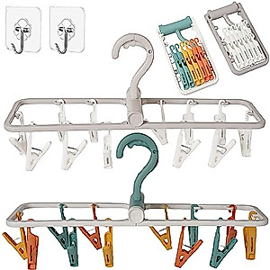 Foshine Clothes Drying Racks 2 Pack Grey Colour Small Folding Portable Underwear Hangers with Clips Socks 12 Clips 360° Rotatable Hook for Drying Towels Bras Baby Clothes Gloves Plast