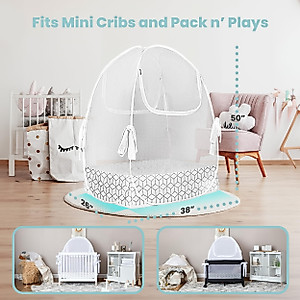 Pro Baby Safety Premium Pack n Play Tent, Mini Crib Tent to Keep Baby from Climbing Out, Auto Pop Up Pack and Play Tent with Auto-Lock Zippers, Thick Velvety Breathable Mesh (Geometric Cubes)