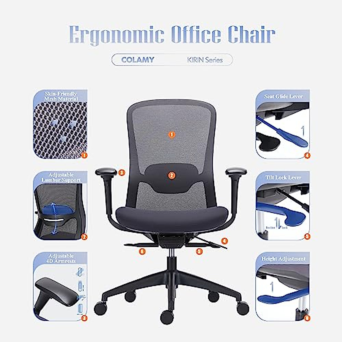 Ergonomic Mesh Office Chair, Mid Back Computer Executive Desk Chair with 4D Armrests, Slide Seat, Tilt Lock and Lumbar Support