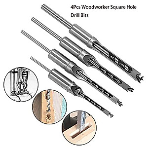 WSOOX Square Hole Drill Bits for Wood, Woodworking Hole Saw Mortising Chisel Drill Bits (Size: 1/4 inch, 5/16 inch, 3/8 inch, 1/2 inch)