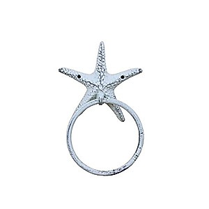 Rustic Whitewashed Cast Iron Starfish Towel Holder 8.5 Inch - Starfish Decoration - Sea Home Decor
