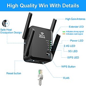 WiFi Extender Signal Booster Long Range Coverage to 8000sq.ft and 45+ Devices, WiFi 2.4&5GHz Dual Band WPS WiFi Signal Strong Penetrability, 360°Coverage Supports Ethernet Port