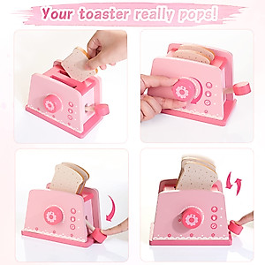 Wooden Pop-Up Toaster Playset, 14pcs Kitchen Toys with Bread Butter Knife Cheese Vegetable Tomato Milk Yogurt Fried Egg, Play Kitchen Accessories for Boys Girls Age 3-6