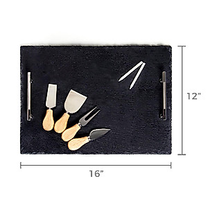 Slate Cheese Board - 7 pc Serving Tray Set 16"x12" Large - Stainless Steel Handles - Soapstone Chalk - 4 Cheese Knives - Foam Protective Feet by Proper Goods