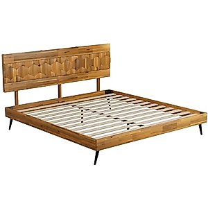 Bme Georgina King Bed Frame and Headboard, Handcrafted Geometric Pattern Solid Wood, No Box Spring Needed, 12 Strong Wood Slats Support, Easy Assembly, Teak Brown + Large Rectangle Wicker Baskets