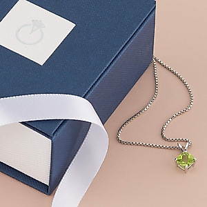 PEORA Solid 14K White Gold Peridot Pendant for Women, Genuine Gemstone Birthstone Classic Solitaire, Cushion Cut, 6mm, 1 Carat total