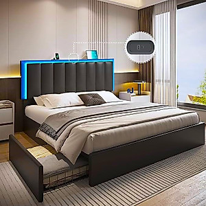 DICTAC Full LED Bed Frame with 4 Storage Drawers and Headboard Modern Full Size Upholstered Platform Bed Frame with Led Lights and USB Ports Faux Leather Full Storage Bed,No Box Spring Needed,Black