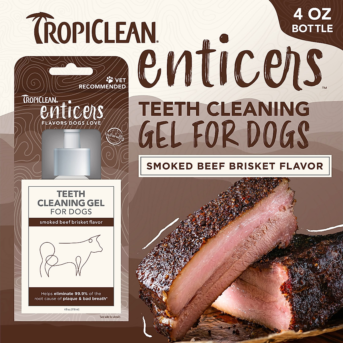 TropiClean Enticers Dog Teeth Cleaning Treat Gel | Smoked Beef Flavored Dog Toothpaste Alternative | 4 oz.