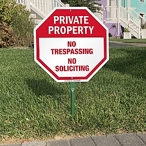 SmartSign 'Private Property - No Trespassing No Soliciting' Yard Sign (3 Ft Stake, 10 x 10 In, Red and White) 40 mil Laminated Rustproof Aluminum, Set of 1, Made in USA