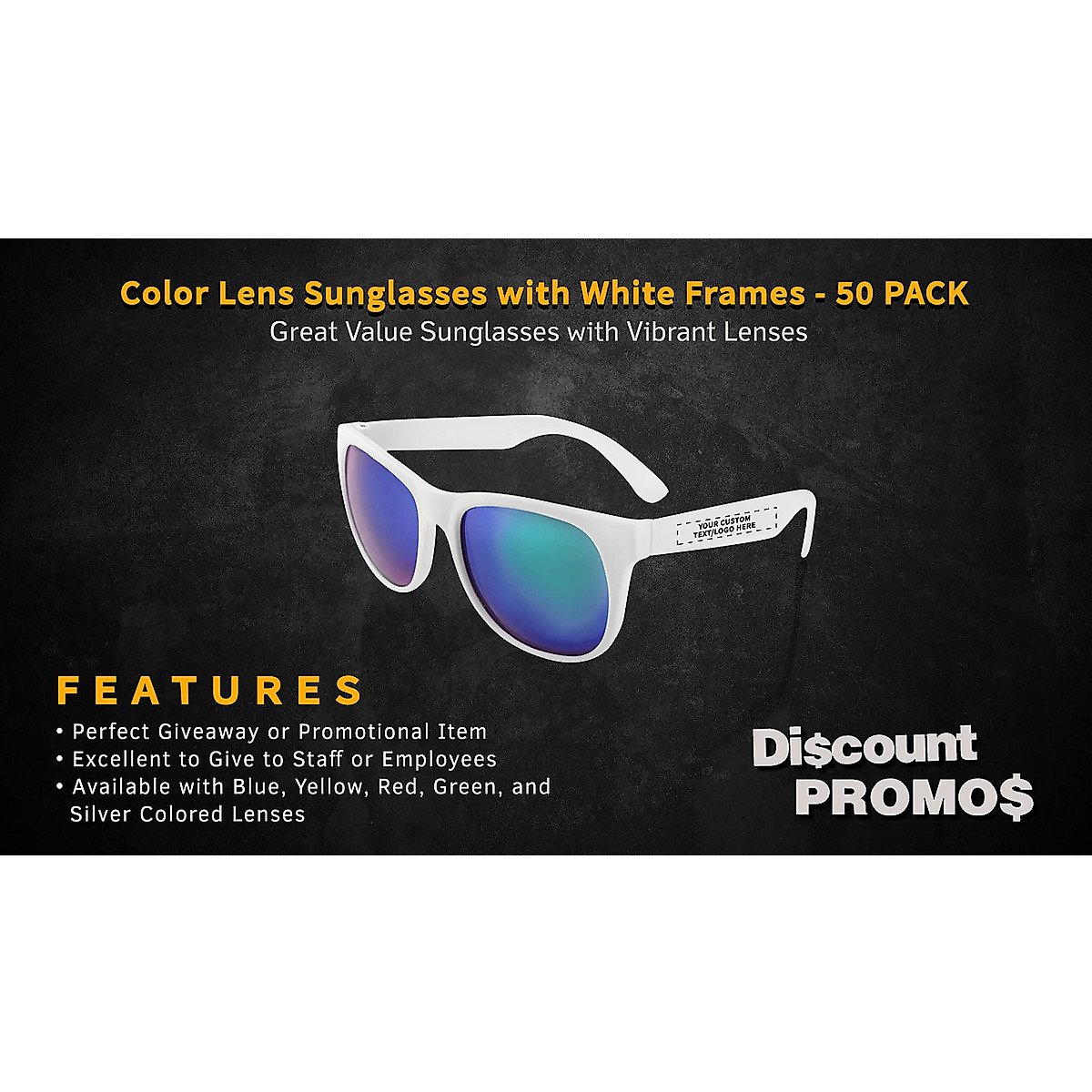 DISCOUNT PROMOS Personalized UV Protected Color Lens Sunglasses with White Frames - 50 pack - Sunglasses - Customizable Text, Logo - Blue