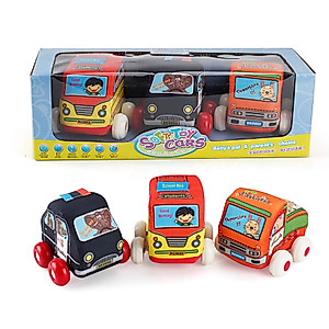 Atralo Service Cartoon Soft Cloth Toy Car Set 3PCS Includes School Bus Police car Crazing Truck Fabric Toy Scooter Early Education Toys Activity Cloth Car for Baby Toddler Kids