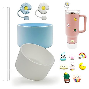 Bougimal Straw Cover Fit for Stanley Quencher H2.0 40 oz 30 oz Tumbler with Handle & Stanley IceFlow 20oz 30oz, Rainbow Sticker, Protective Silicone Cup Boots Reusable, Stanley Cup Accessories, Blue