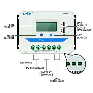 EPEVER Solar Charge Controller 60A 12V/24V/36V/48V Auto with USB Output Light and Time Control LCD Display for Solar Panel Power System (60A, VS6048AU)