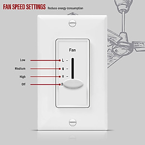 ENERLITES 3 Speed In Wall Ceiling Fan Control, Slide switch, 120VAC, 2.5A, Single-Pole, No Neutral Wire Required, 17000-F3-W-F, White