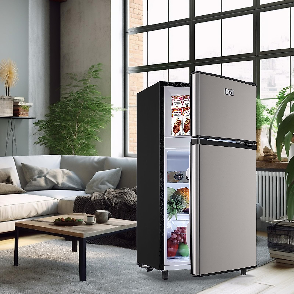 WANAI Compact Refrigerator 3.5 Cu.ft Mini Fridge with Freezer, Small Refrigerator with 7 TEMP Modes, Energy Saving, Low Noise for Bedroom, Dorm, Office, Apartment, Sliver