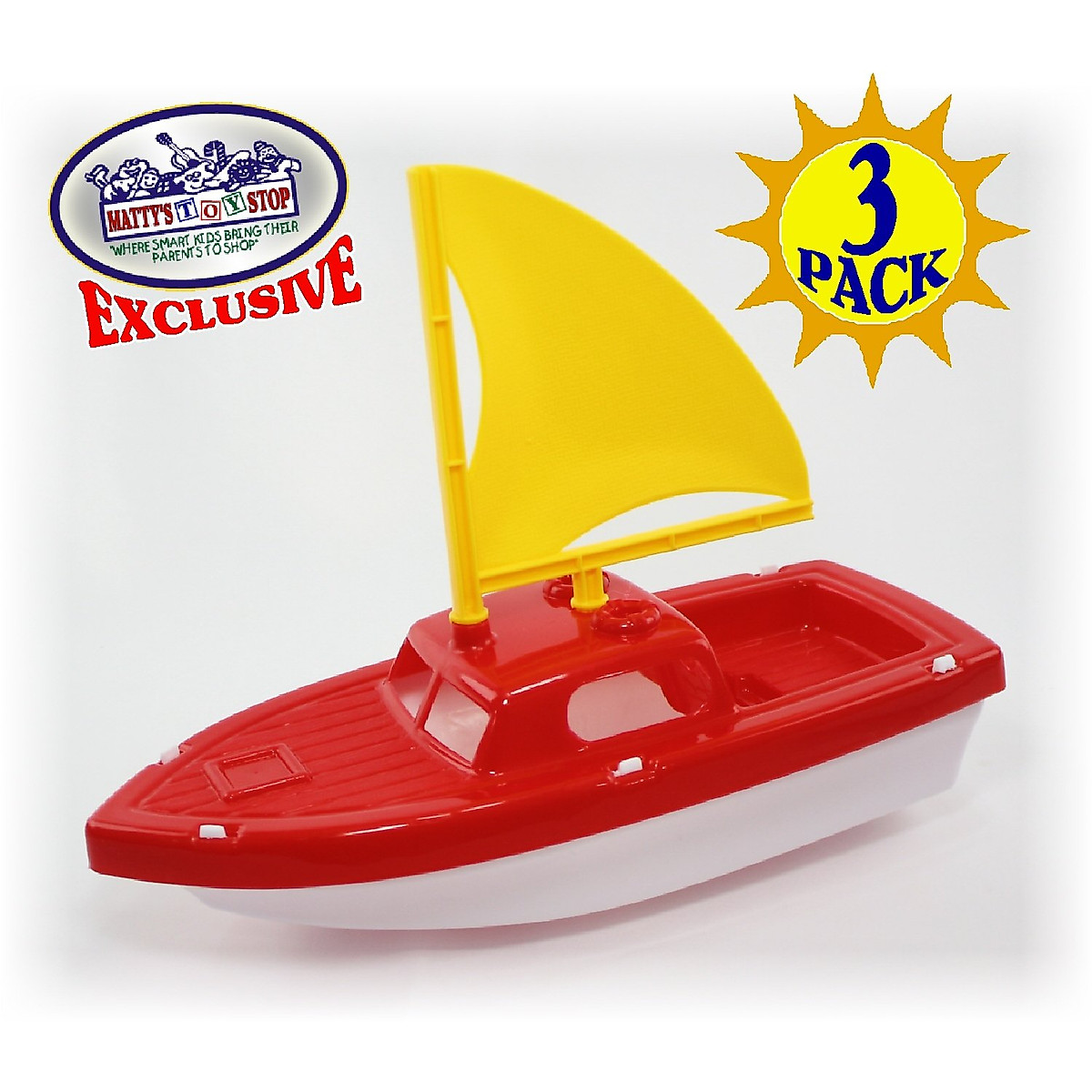 Matty's Toy Stop Plastic Boats Set Sailboat (Red), Speedboat (Purple) & Fireboat (Blue) Gift Set Bundle, Perfect Bath, Pool, Beach Etc. - 3 Pack