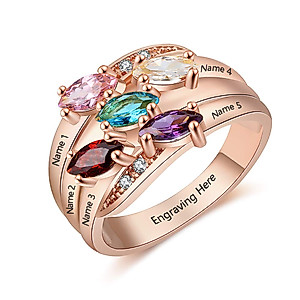 JewelOra Personalized Mothers Rings with 5 Simulated Birthstones Family Promise Rings for Her Engraved 5 Names (Rose Gold, 9)