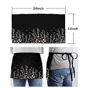 Black Flower Waitress Waiter Server Apron with Pockets,Waist Half Waterproof Cooking Kitchen BBQ Grill Chef Apron for Women,Men,Dad,Mom,Grandma,Boys,Girls Vintage Floral Aesthetic Leaves Dragonfly