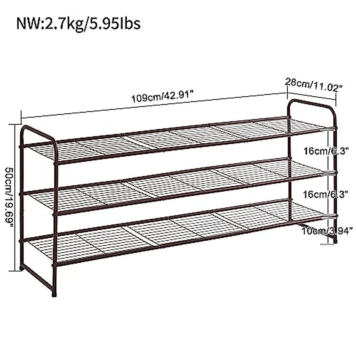 YMYNY Freestanding Shoe Racks, 3 Tiers Stackable & Adjustable Shoe Storage Shelf, Extra Large Capacity Shoe Organizer Stand for 20-24 Pairs, for Entryway, Closet, Bedroom, Brown, 42.9" L, UHXJ302BR