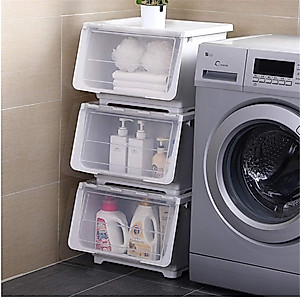 Shozafia Plastic Storage Bins for Toys, Stackable Storage Containers with Lids Front Opening, Clear Storage Box with Wheels. (White,3 Pack Large)