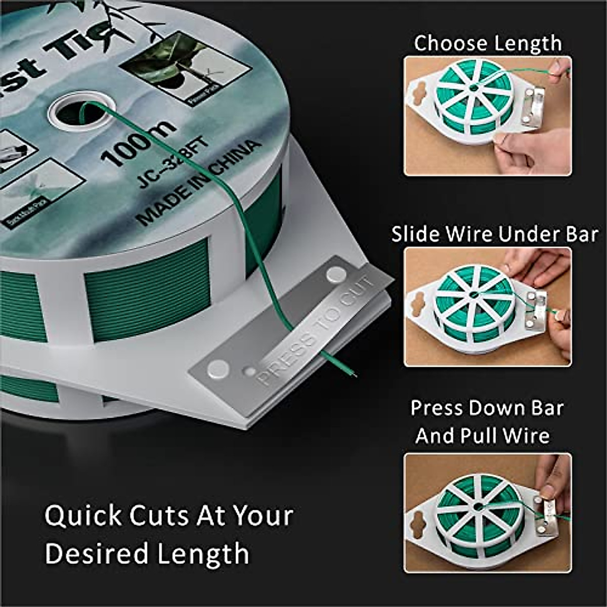 Toolazy 328ft (100m) Twist Tie Roll, PE Plastic Coated Twist Ties with Built-in Cutter, Garden Plant Twist Ties for Gardening, Plant Support, Home and Office Use