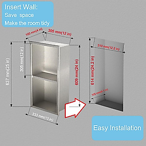 IKITRAEE Finished Shower Niche for Bathroom Storage,No Tile Needed,Recessed Wall Niche,Double Layer Storage,Made of Stainless Steel,24 in X12 in X4 in，Primary Color Brushed