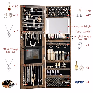 MASMIRE Full Length Mirror Jewelry Armoire With Built-In Touch Light - 47.3' H Cabinet With Wall Mount/Over The Door Mirror, Jewelry Storage and 4 Drawers - Rustic Brown