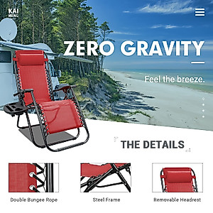 Kemon Zero Gravity Folding Lounge Outdoor Patio Adjustable Reclining Chair with Pillows and Cup Holders for Beach Set of 2, Red