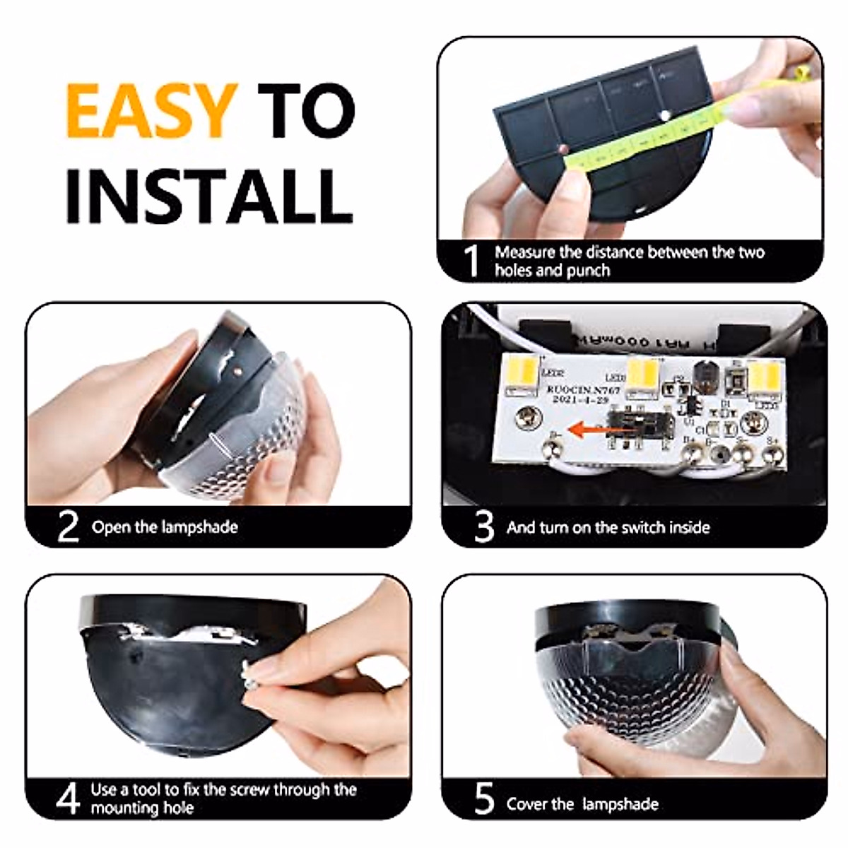 Howeifull Solar Outdoor Fence Lights, Waterproof Solar Powered Deck Lights, 4 Pack Solar Garden Lights for Steps Pathway Patio Backyard, Warm White/Cool White 2 Lighting Modes (Black)