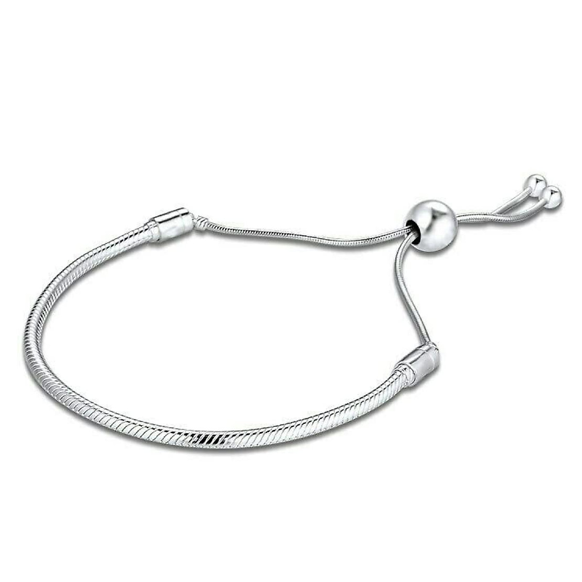 Adjustable European Charm Bracelets 3mm Steel Snake Chain Fits Pandora Beads Pendants & More (Silver Sliding Bracelet)