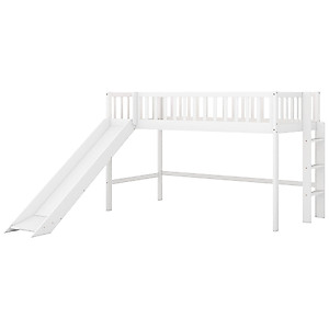 RORIGAT Twin Size Low Loft Bed with Ladder & Slide,Toddler Loftbeds with Safety Rails,Solid Pine Wood Bedframe,Space-Saving Funiture, No Box Spring Needed,White