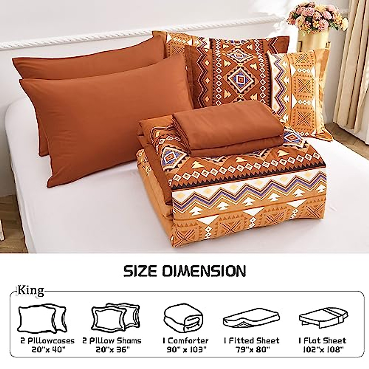 Dobuyly Burnt Orange Comforter Set King, 7 Pieces Bed in a Bag Terracotta Boho Aztec Comforter Soft Microfiber Bedding Set with Comforter, Flat Sheet, Fitted Sheet, 2 Pillow Shams, 2 Pillowcases