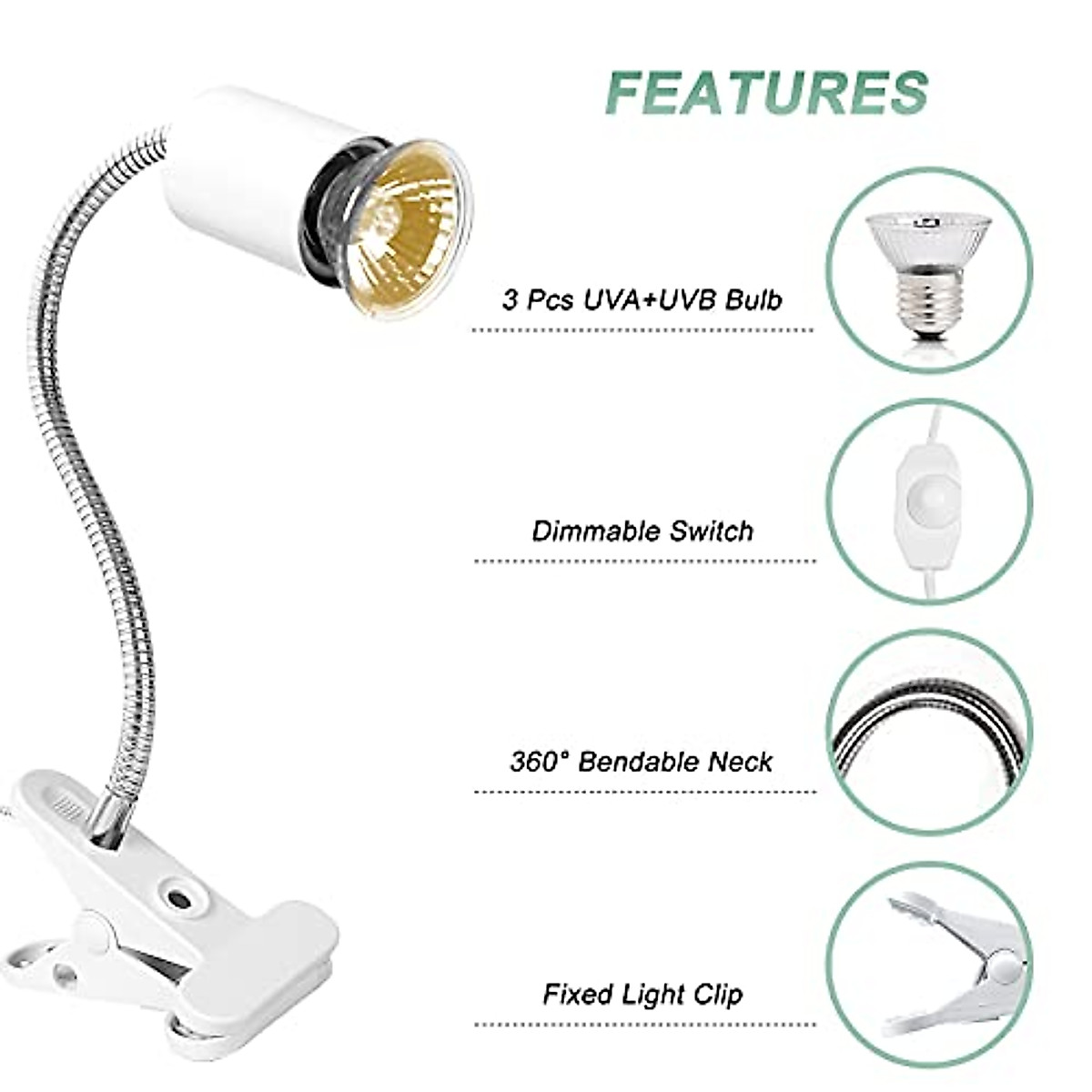Reptile Heat Lamp, Reptile Light with 360° Rotatable Hose, Adjustable Heating Lamp Fixture with 3 UVA UVB Bulbs Suitable for Bearded Dragon Turtle Lizard Snake ,Most Reptiles Plants