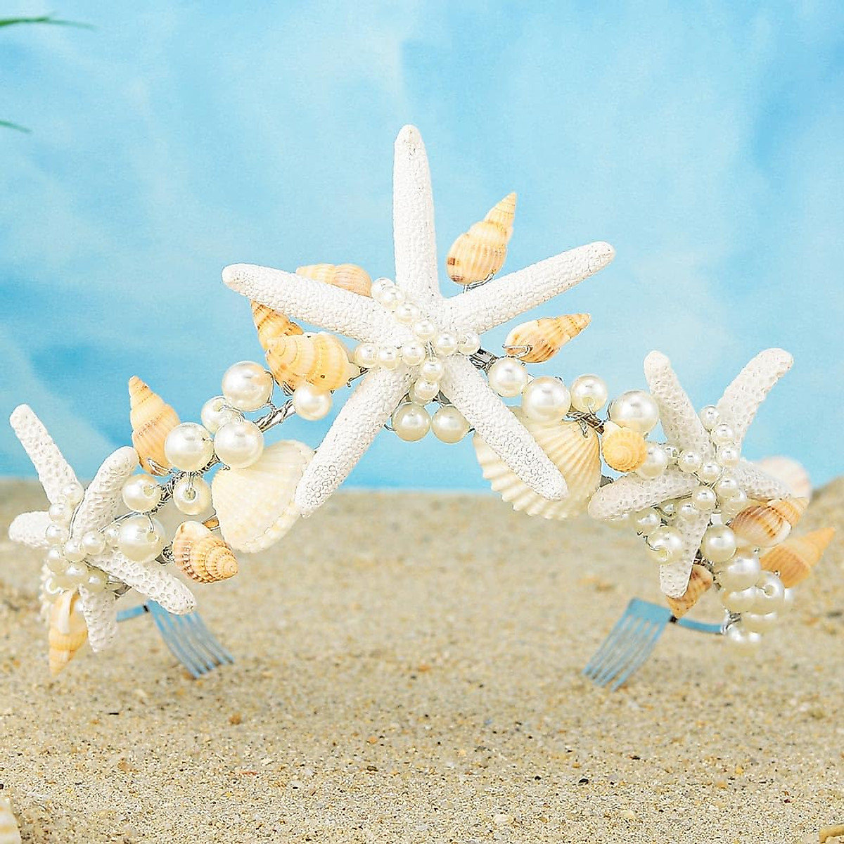 Unicra Starfish Crown and Tiaras Silver Pearl Bridal Headband Beach Headpiece Wedding Hair Accessories for Women and Girls