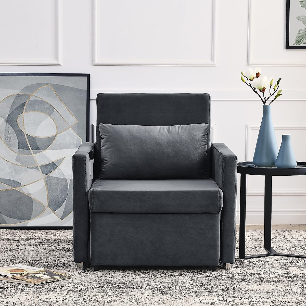 Futon Folding Single Chair Bed,Convertible Sleeper Sofa 2-in-1 Pull Out Lounge Chair Beds with Pillow&Pocket for Living Room Apartment Office（Grey）