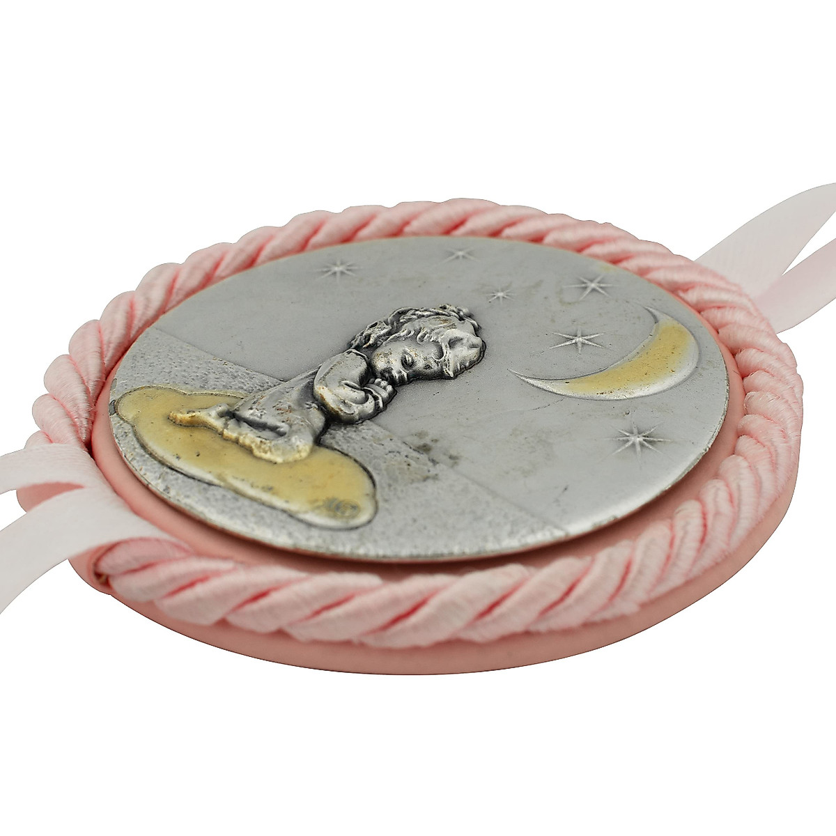 Crib Medal | Christian Religious Décor for Nursery | Great Gift for Baptism, Christening, or New Baby | Features Guardian Angel, Praying Child, or Holy Family | Made in Italy (Pink Praying Girl)