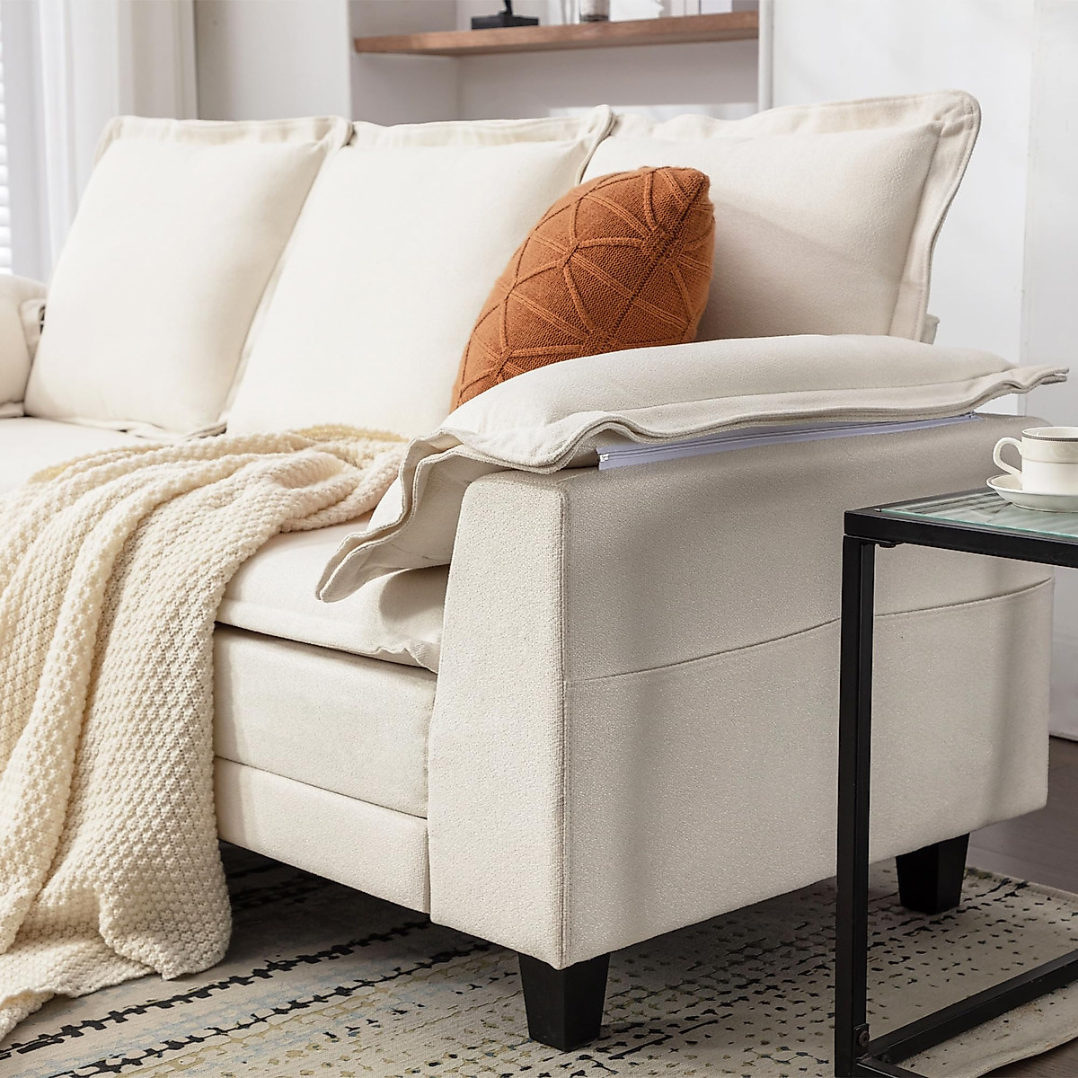 TYBOATLE Sofa Couches for Living Room, Mid-Century Modern Comfy 85" W Loveseat w/ 2 USB Charger & Wide Arms, 3 Seater Cloud Small Couch Sofas for Small Space Apartment Bedroom Office (Chenille Beige)