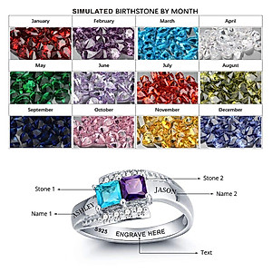 GLAMCARAT Sterling Silver Personalized mother ring with 2 birthstones promise ring name engraved jewelry for women (sterling-silver, 8)