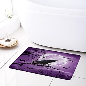 LB Halloween Crow Bath Mat Black Bat in Purple Full Moon Night Area Rug for Bathroom Horror Crow on Dead Tree Doormat Non Slip Memory Foam Super Absorbent Floor Mats,24x16 Inch