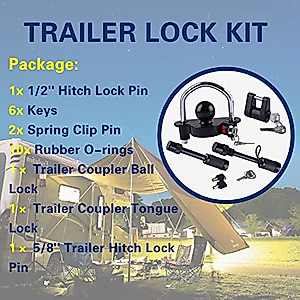 WHSSFINE Trailer Lock Kit Keyed Alike Tongue and Hitch Pin Lock with 5/8 and 1/2 Inch Pins Fit Class I II III IV V Receiver to Secure Trailer for Towing and Storage (4 Pack)